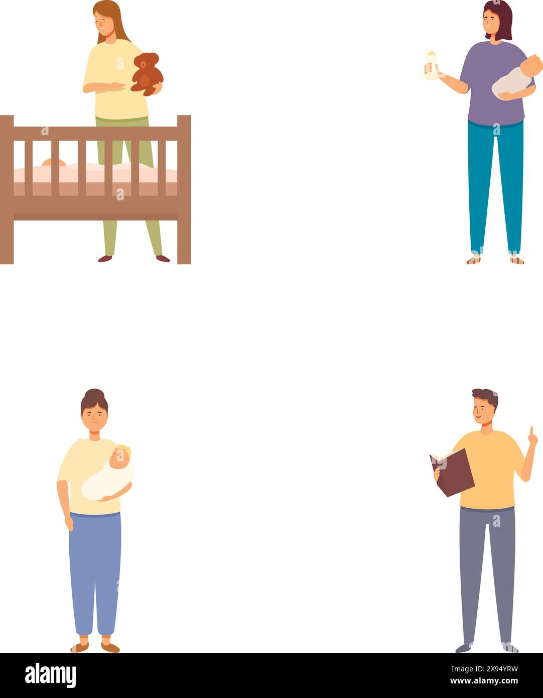 Collection of illustrations depicting parents caring for their infants ...