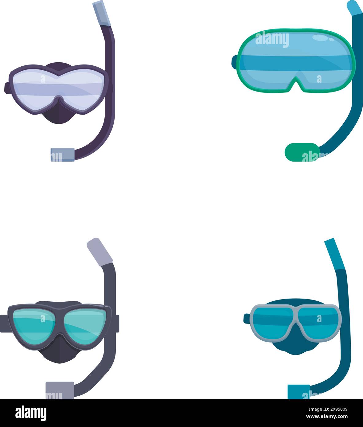 Vector collection of colorful diving masks and snorkels isolated on ...
