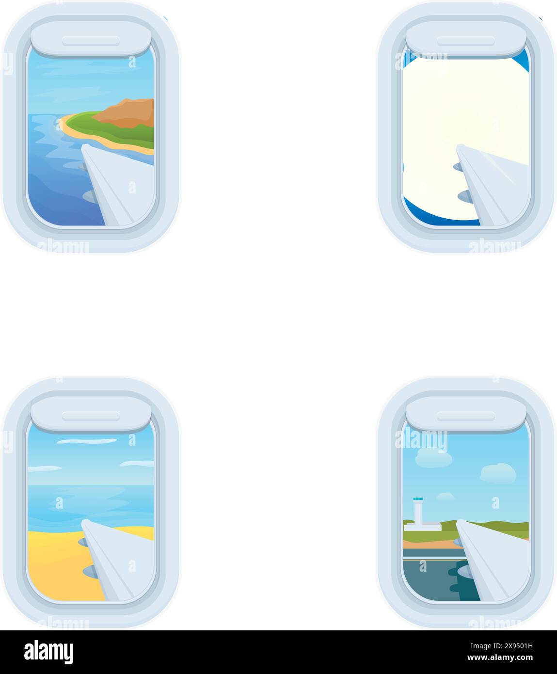 Collection of four airplane window views illustrating different ... Collection of four airplane window views illustrating different ...