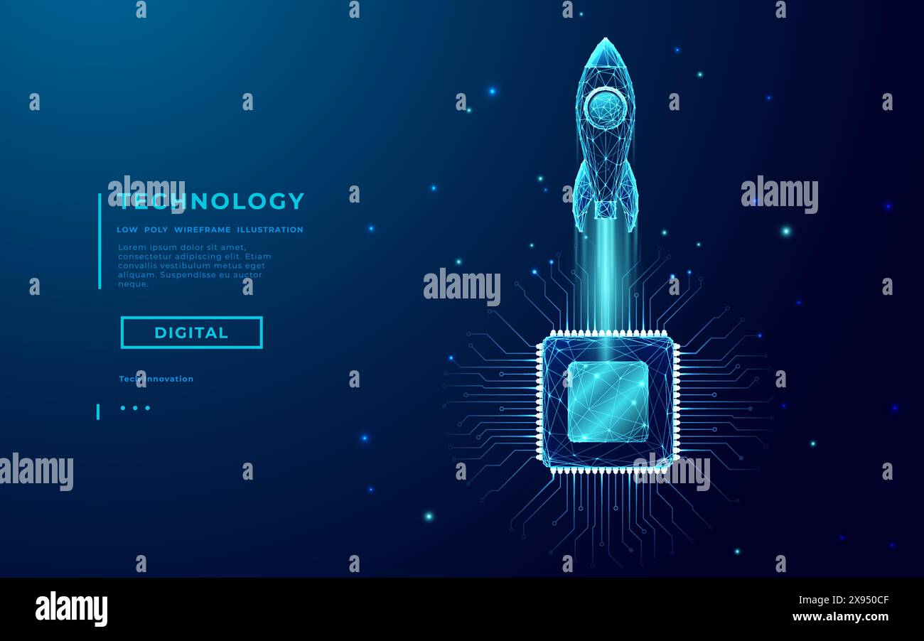 Abstract rocket, light CPU processor on technology blue background ...