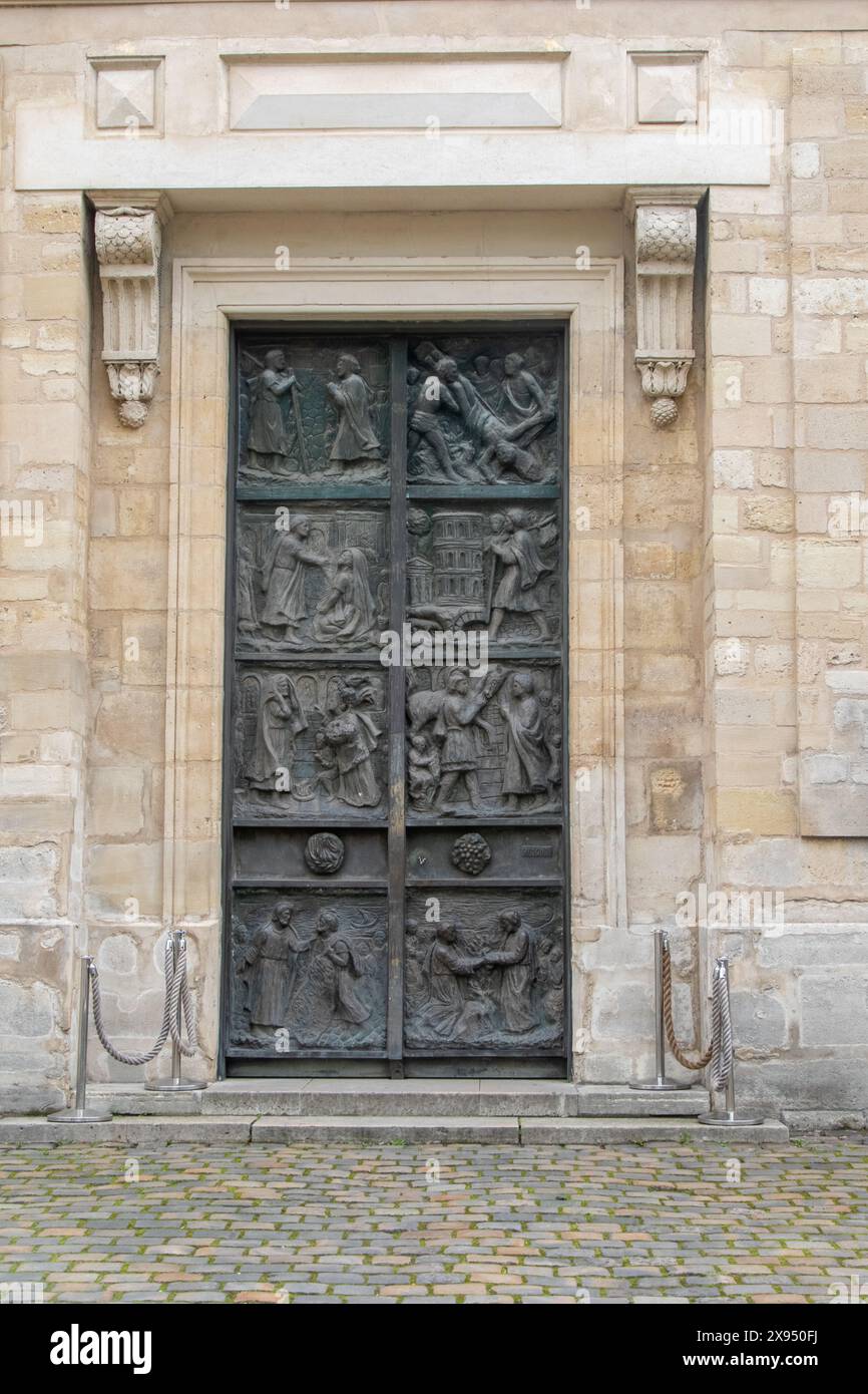 Paris, France, Apirl 20th 2024:- A view of the doors to the Paroisse ...