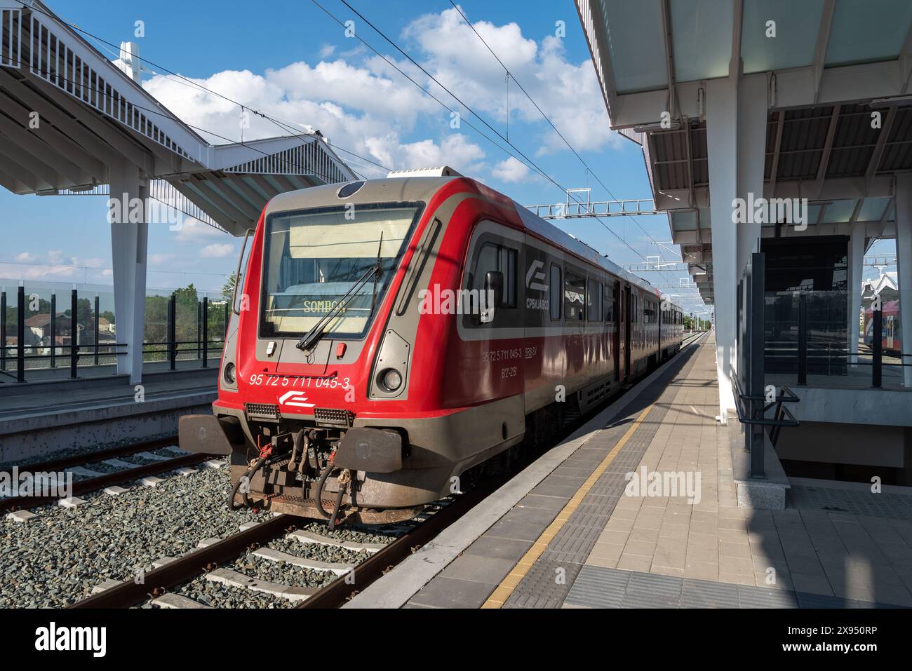 Small city train on a platform at Novi Sad station to take passengers ...