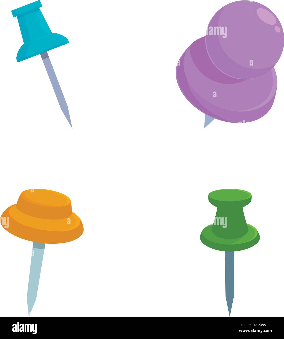 Four vibrant push pins in blue, purple, orange, and green isolated on ...