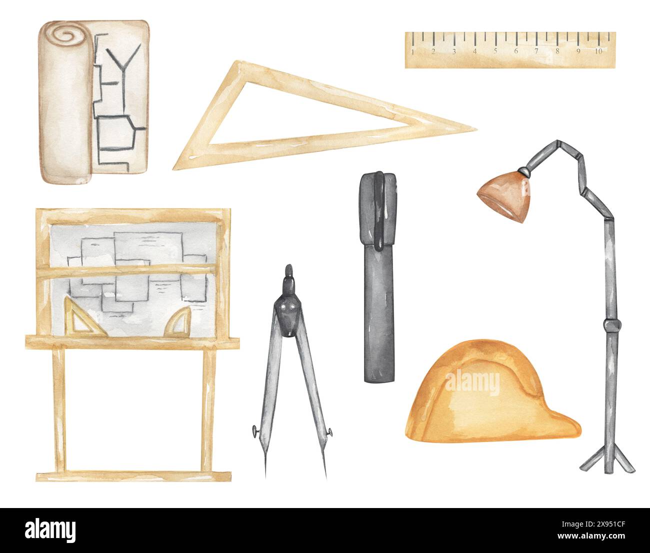 Watercolor architect object illustration set, hand drawn illustration ...