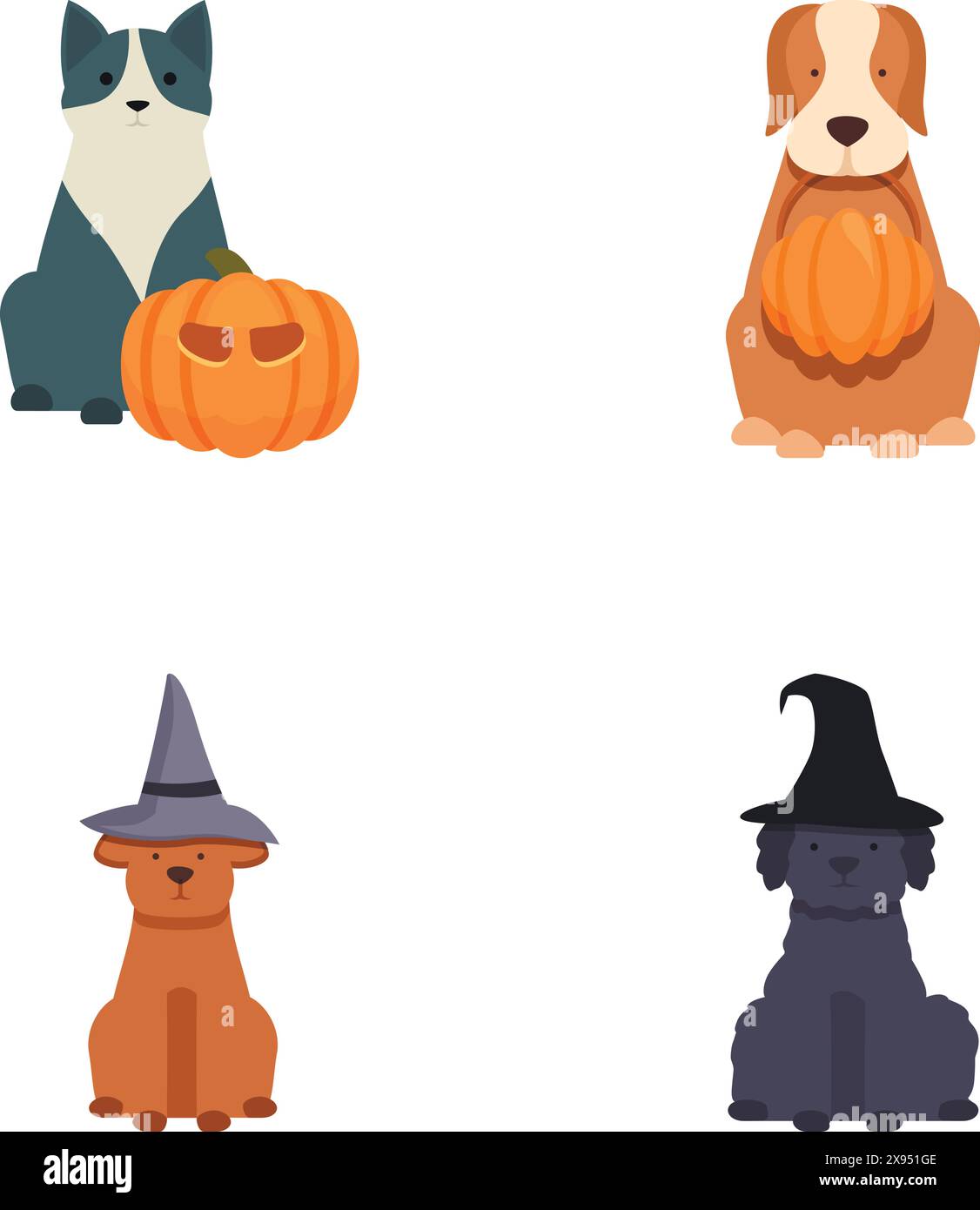 Set of four cute cartoon dogs dressed for halloween with pumpkins and ...