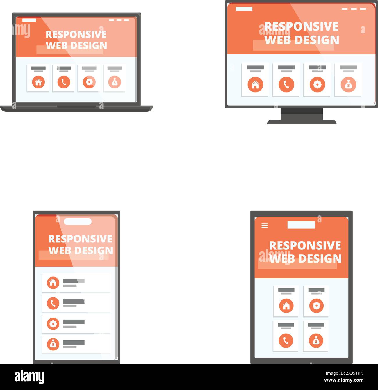 Illustration depicting a responsive website design on desktop, laptop ...
