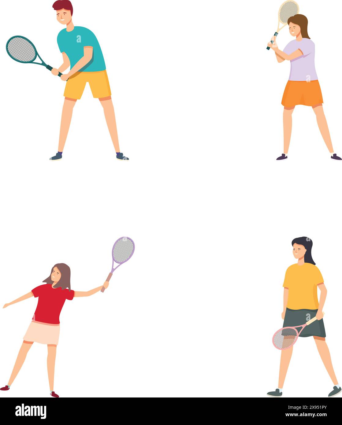 Vector illustration of four individuals in active tennis poses ...