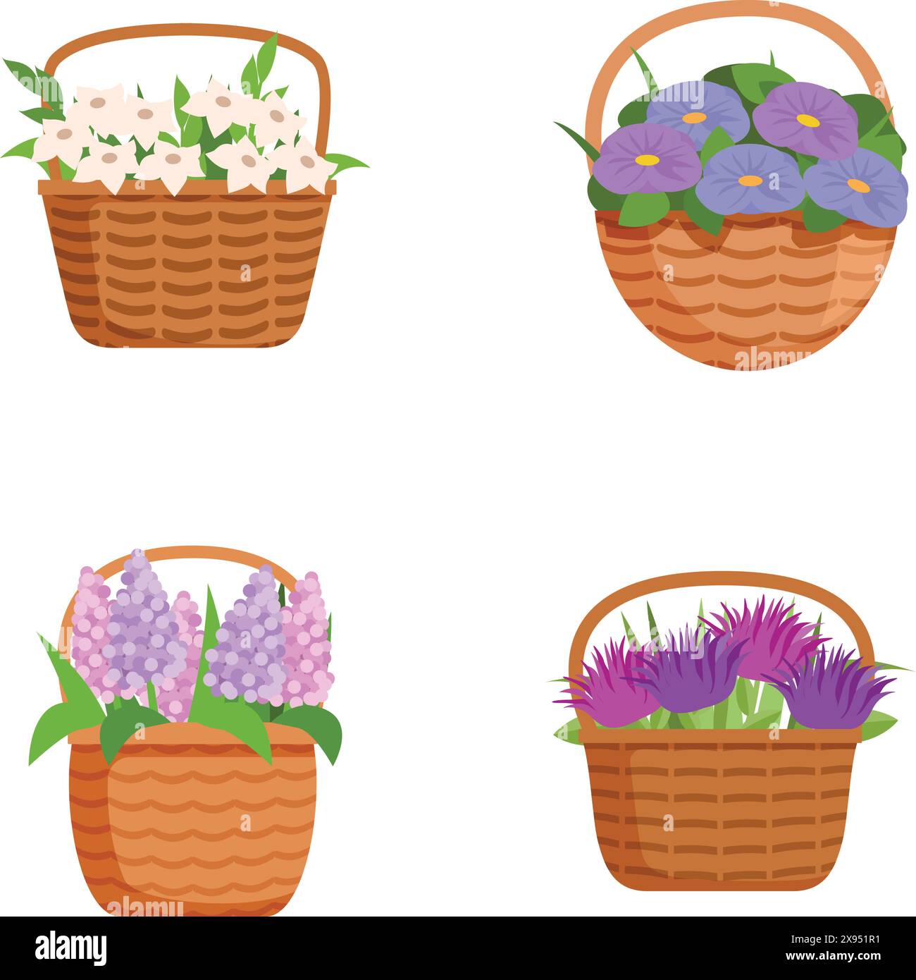 Set of four different cartoon flower baskets on a white background ...