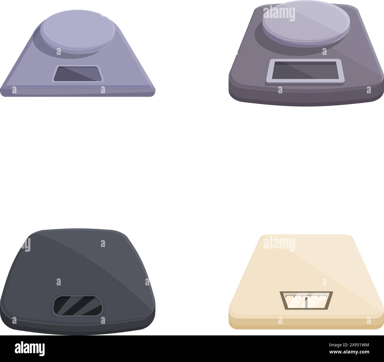 Collection of four digital kitchen scales in various designs and colors ...