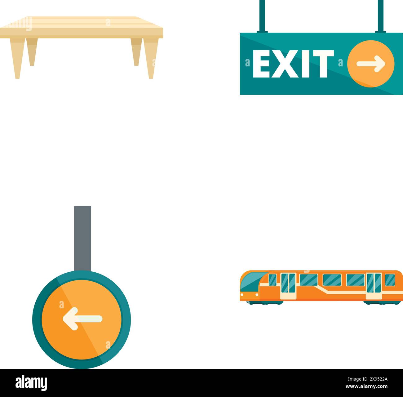 Collection of four vector icons showing a table, exit sign, arrow, and ...