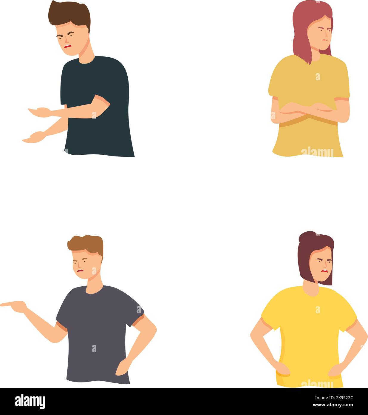 Collection of four illustrations showing young adults with crossed arms and disapproving ...