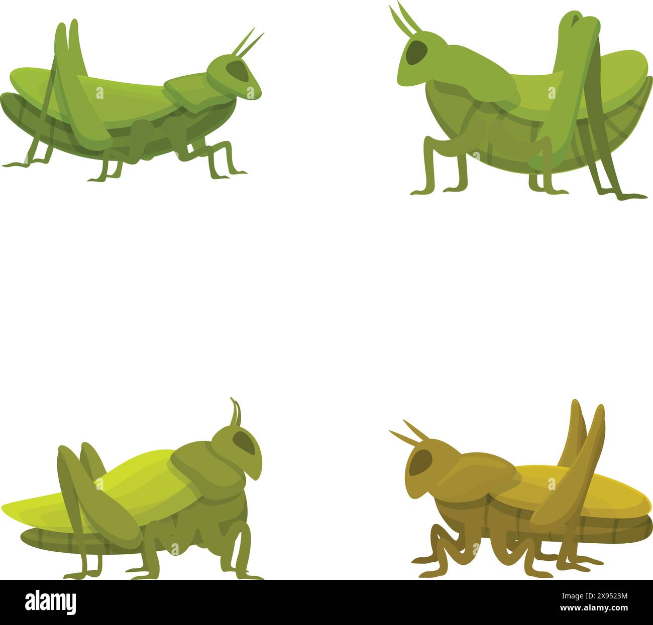 Colorful cartoon grasshopper illustrations set with multiple playful ...