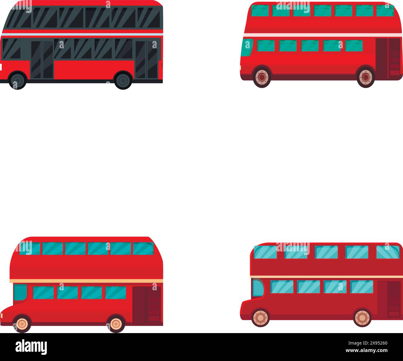 Collection of four vibrant and stylized double decker bus illustrations ...