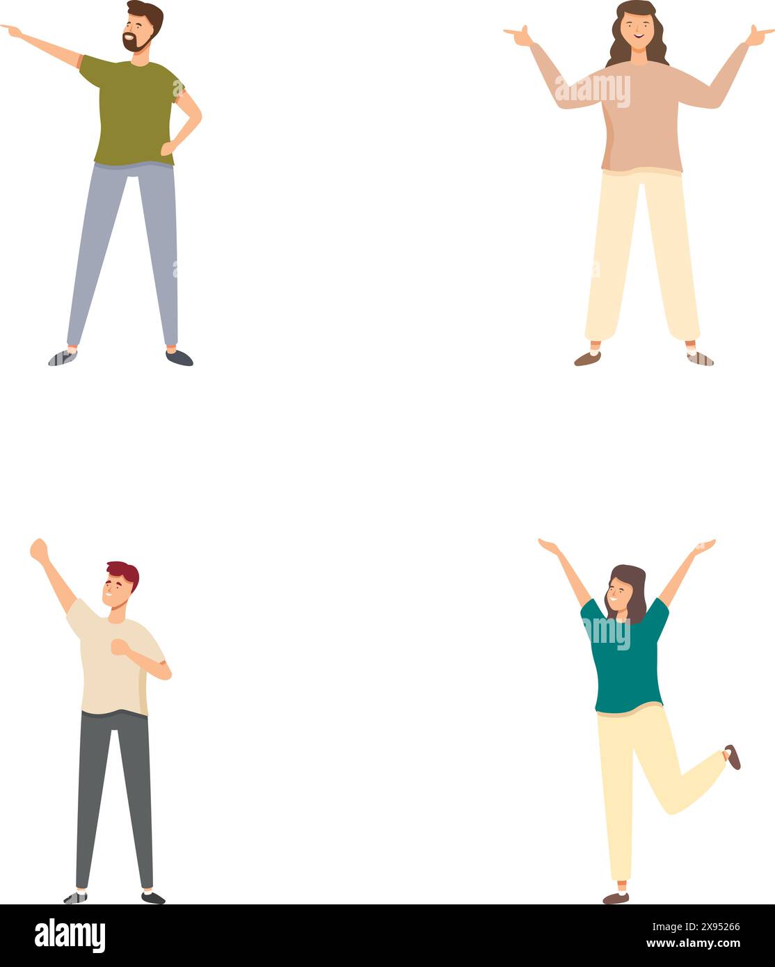 Four joyful cartoon characters with arms raised in various celebratory ...