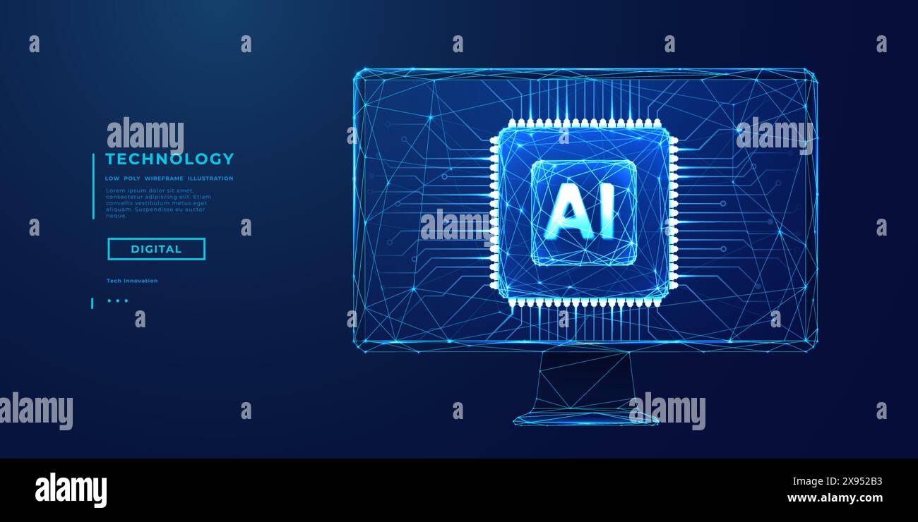 Abstract digital AI chip on the empty computer monitor. AI innovation ...