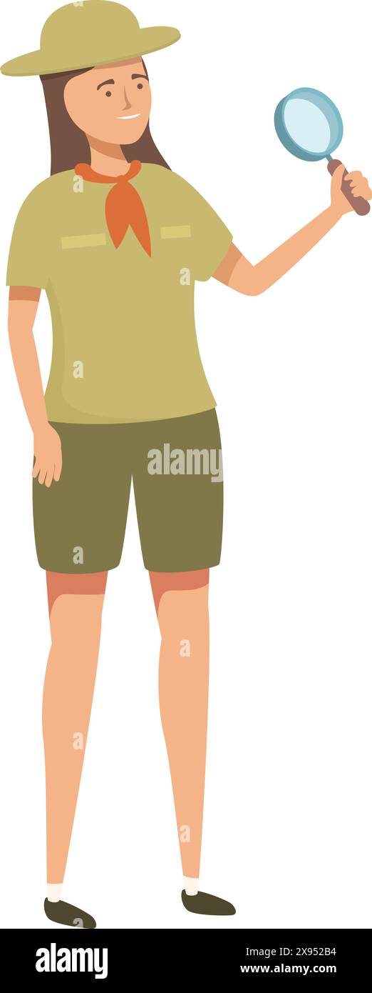Cartoon of a woman in explorer outfit holding a magnifying glass, ready ...