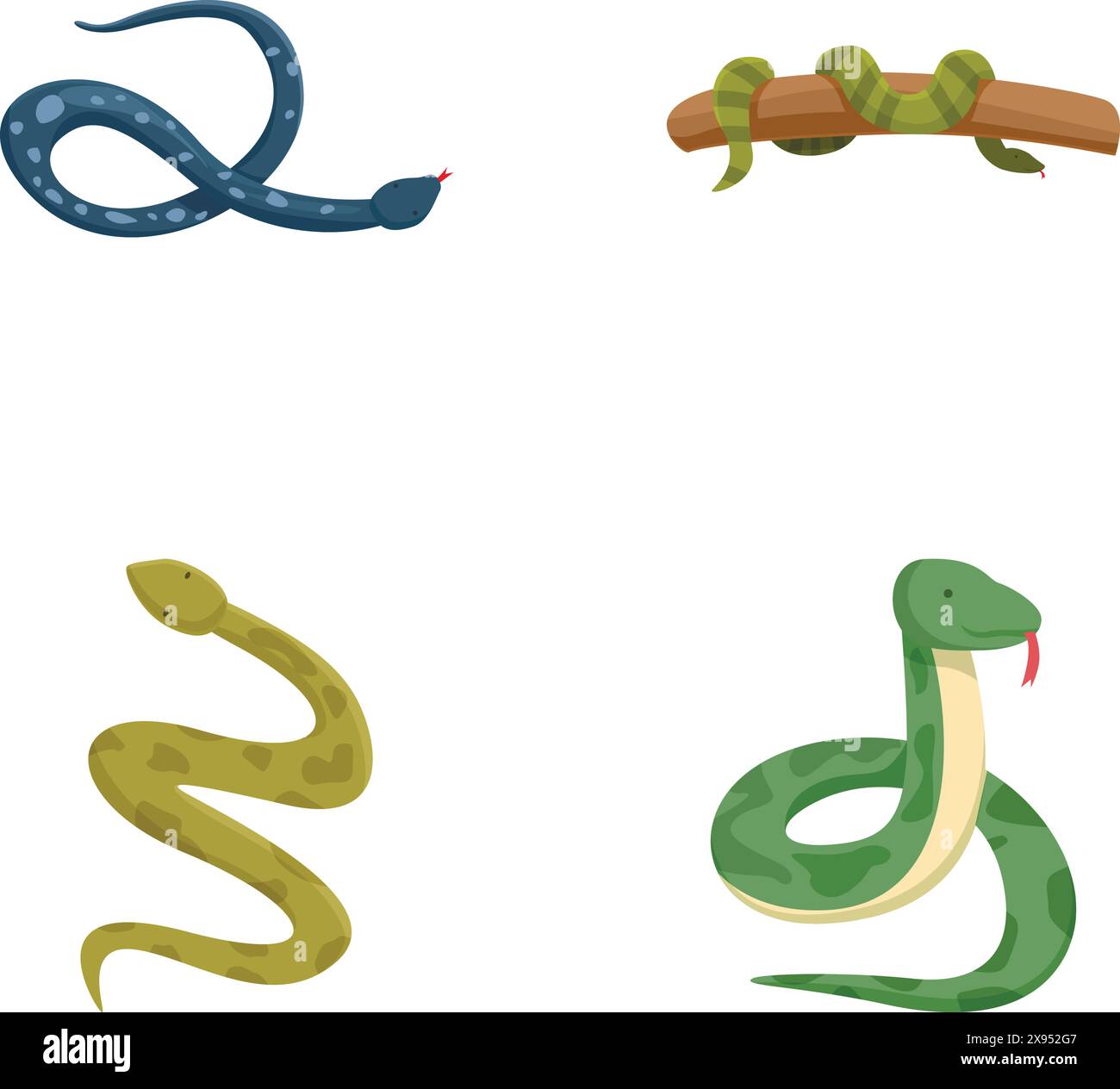 Set of four different cartoon snake illustrations isolated on a white ...