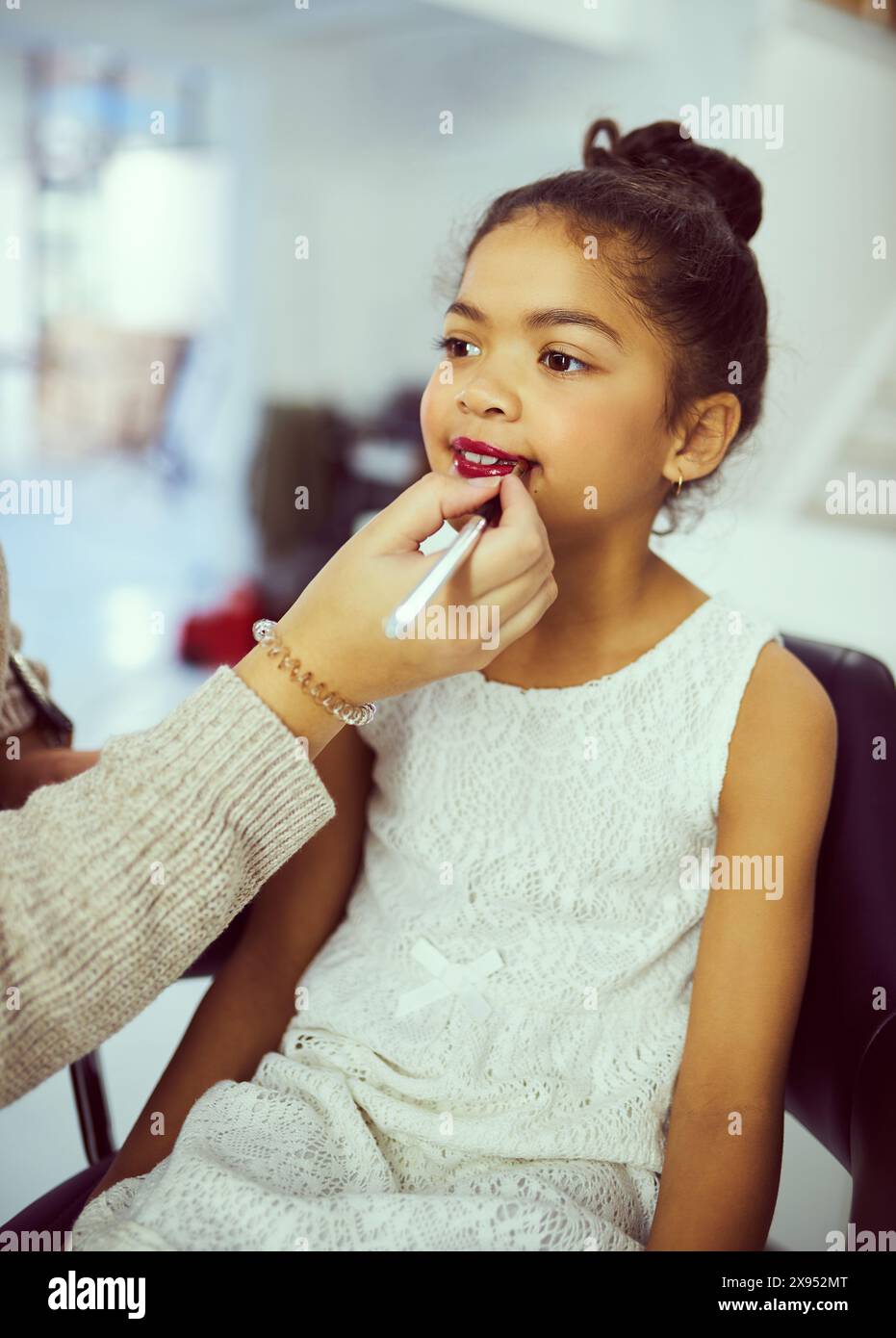 Backstage, pageant or makeup with girl and stylist in studio, getting ...