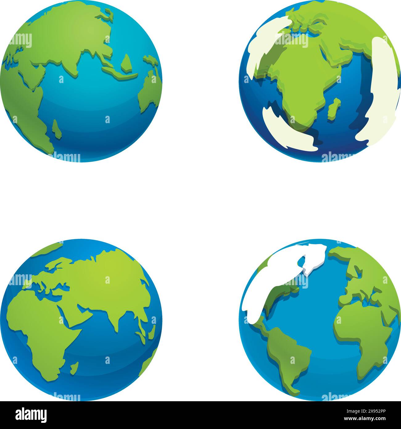 Four colorful stylized illustrations of the earth in various angles ...