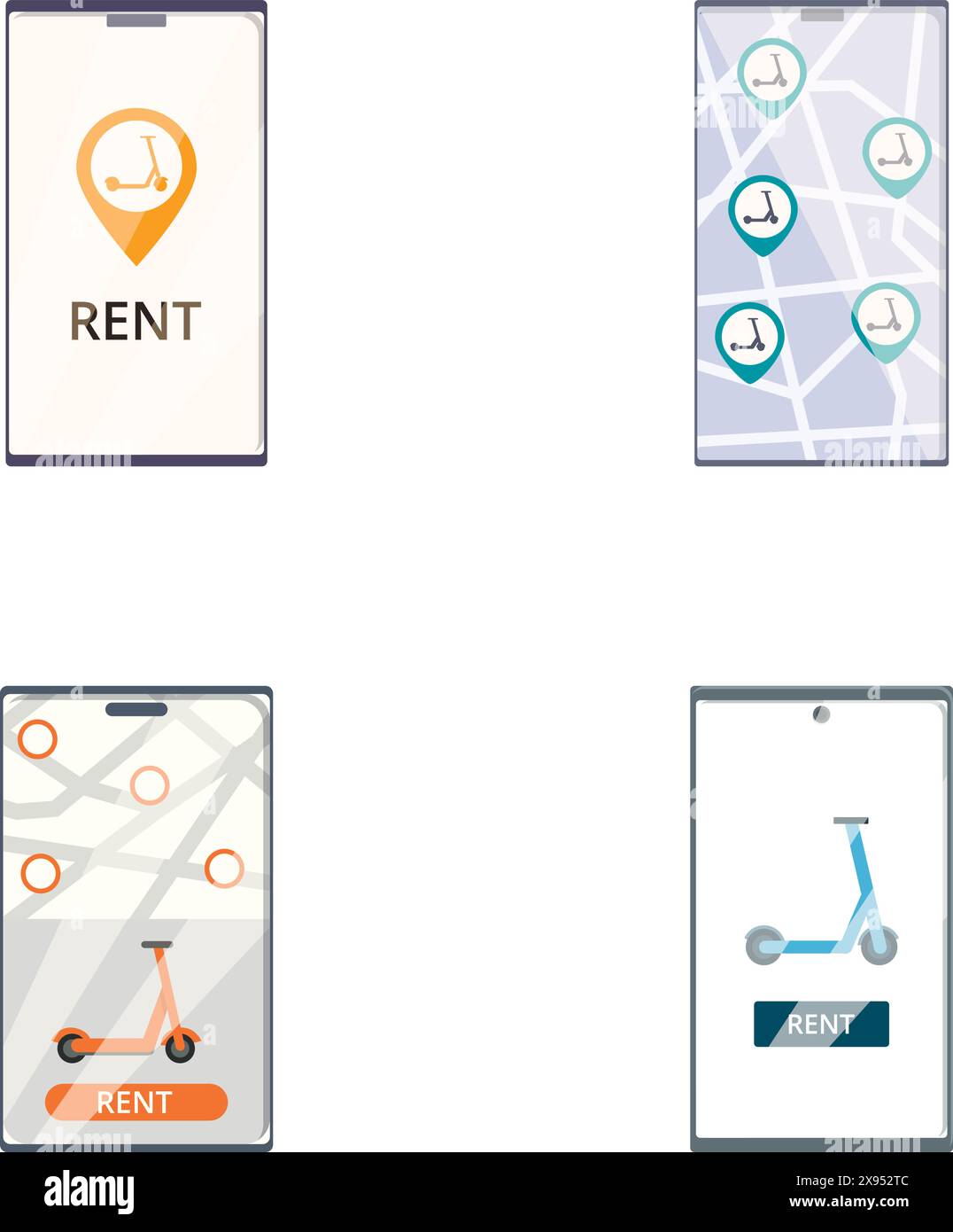 Collection of four mobile app icons for bike, scooter, and car rental ...