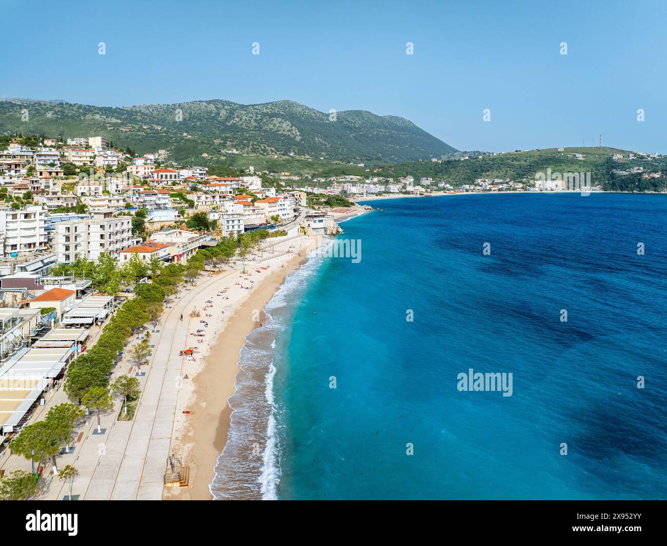 Seaside view over Himare from a drone, Albanian Riviera, Albania Stock ...