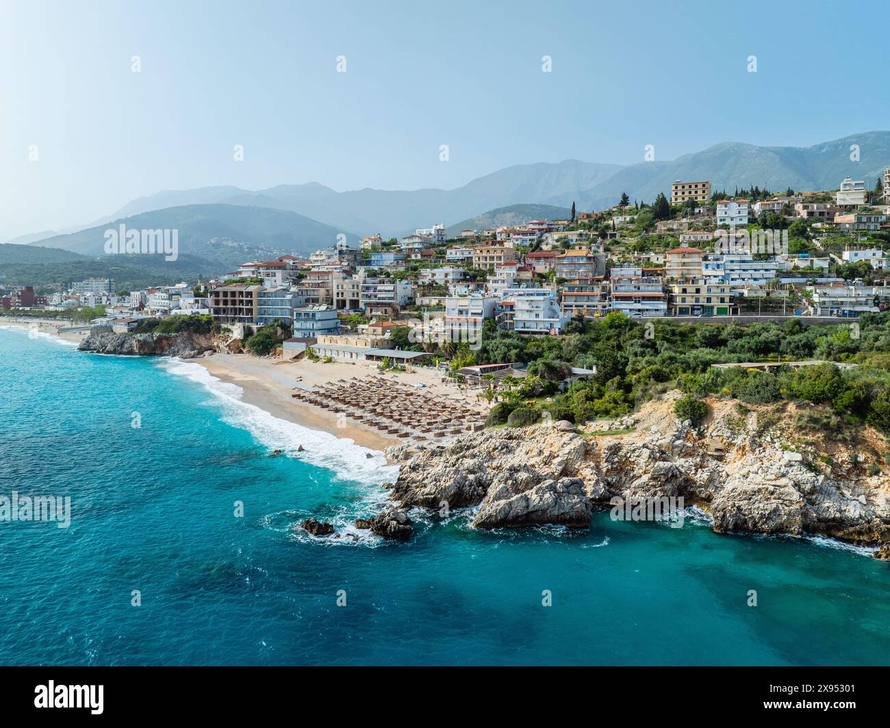 Seaside view over Himare from a drone, Albanian Riviera, Albania Stock ...