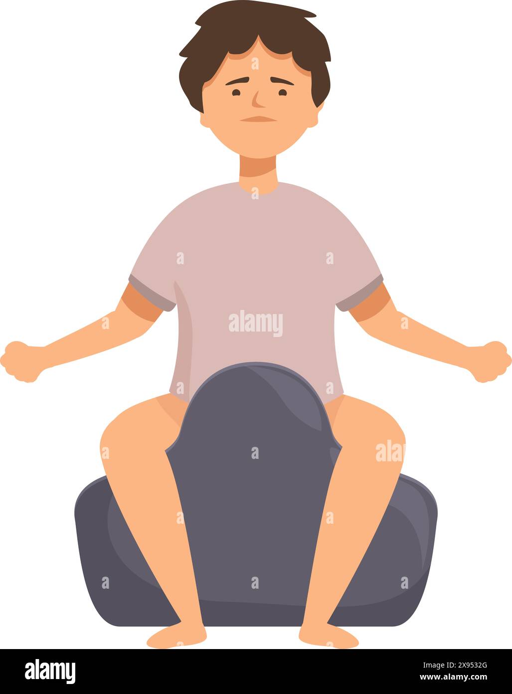 Illustration of a young man sitting on a blue bean bag with a look of ...