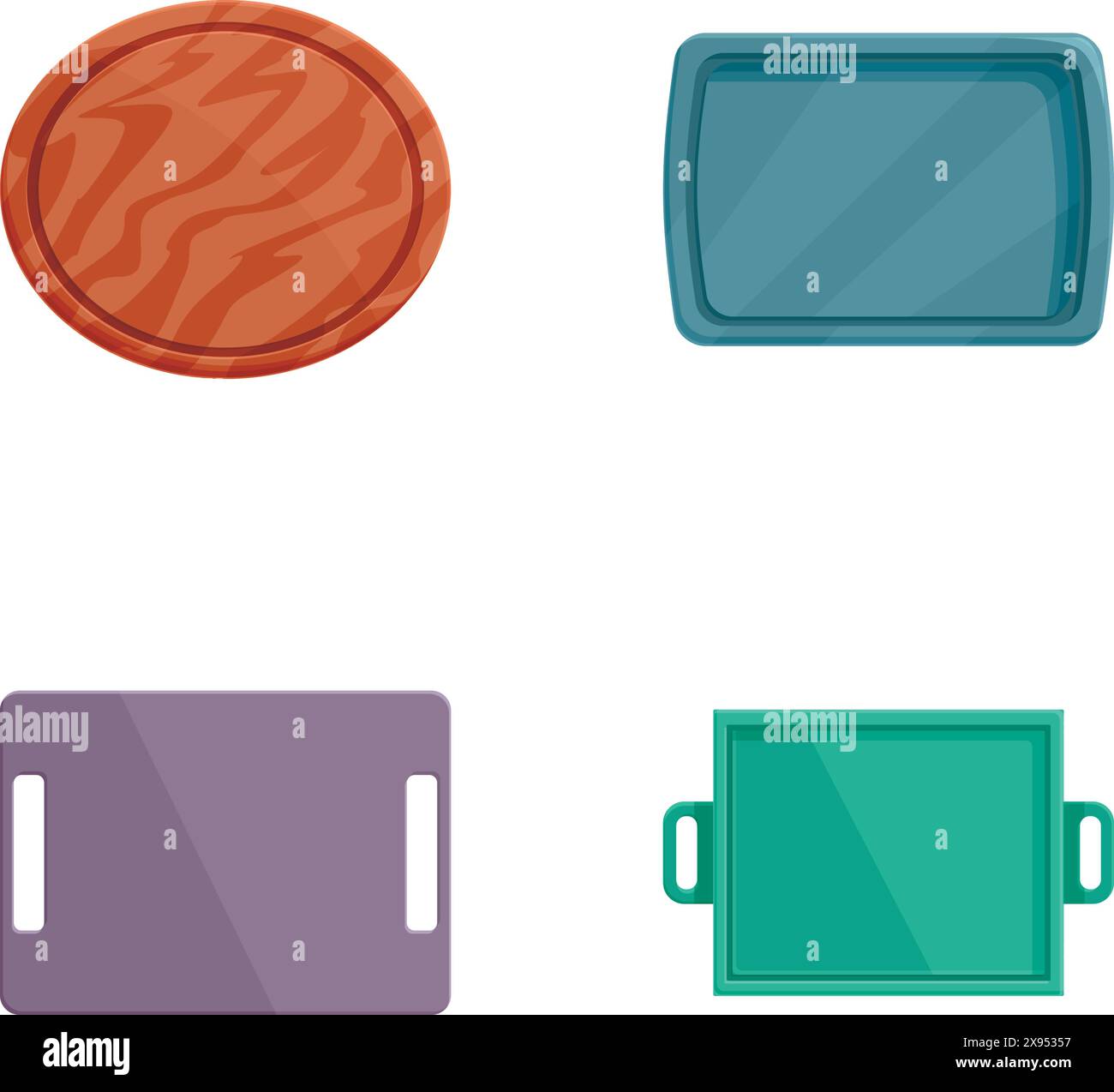 Collection of colorful cartoon trays and cutting boards isolated on white background Stock ...