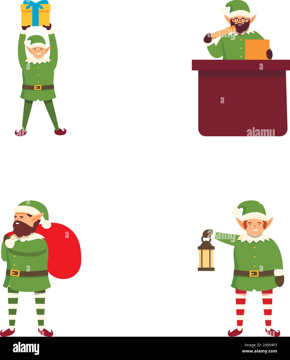 Collection of four cheerful cartoon elves, each depicted in different ...