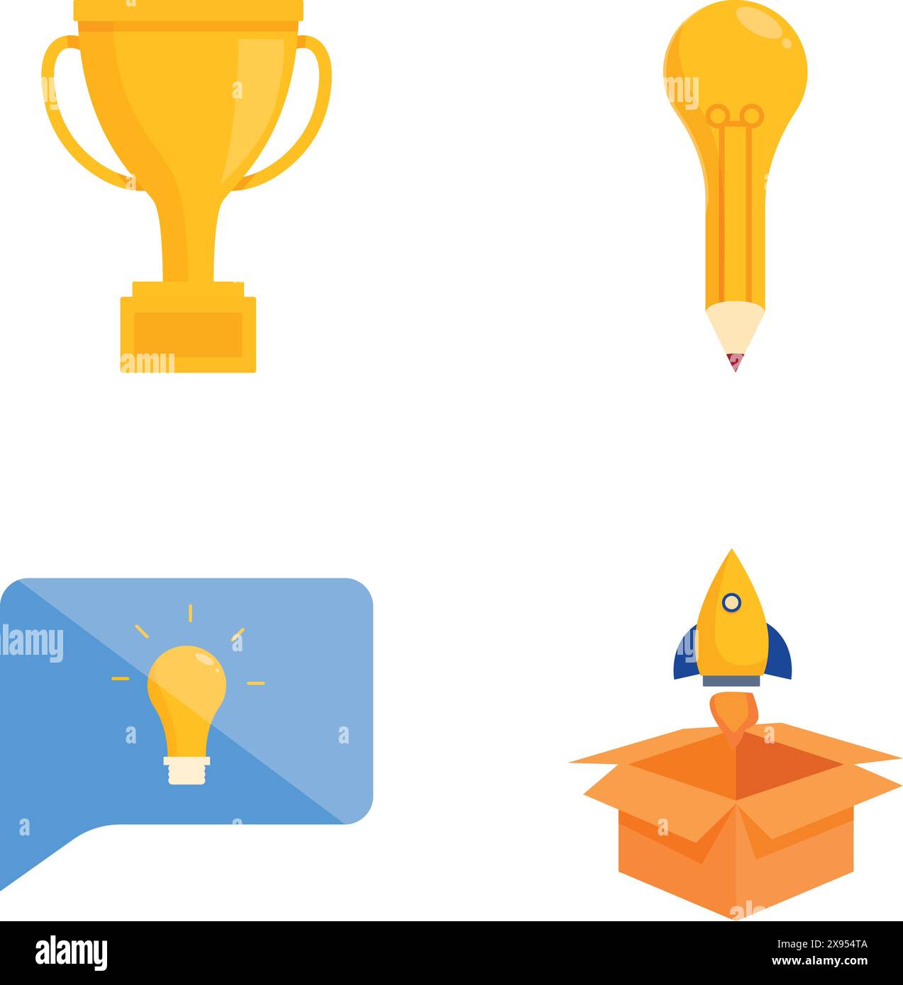 Vibrant collection of icons featuring a trophy, pencil, light bulb, and rocket launch Stock ...