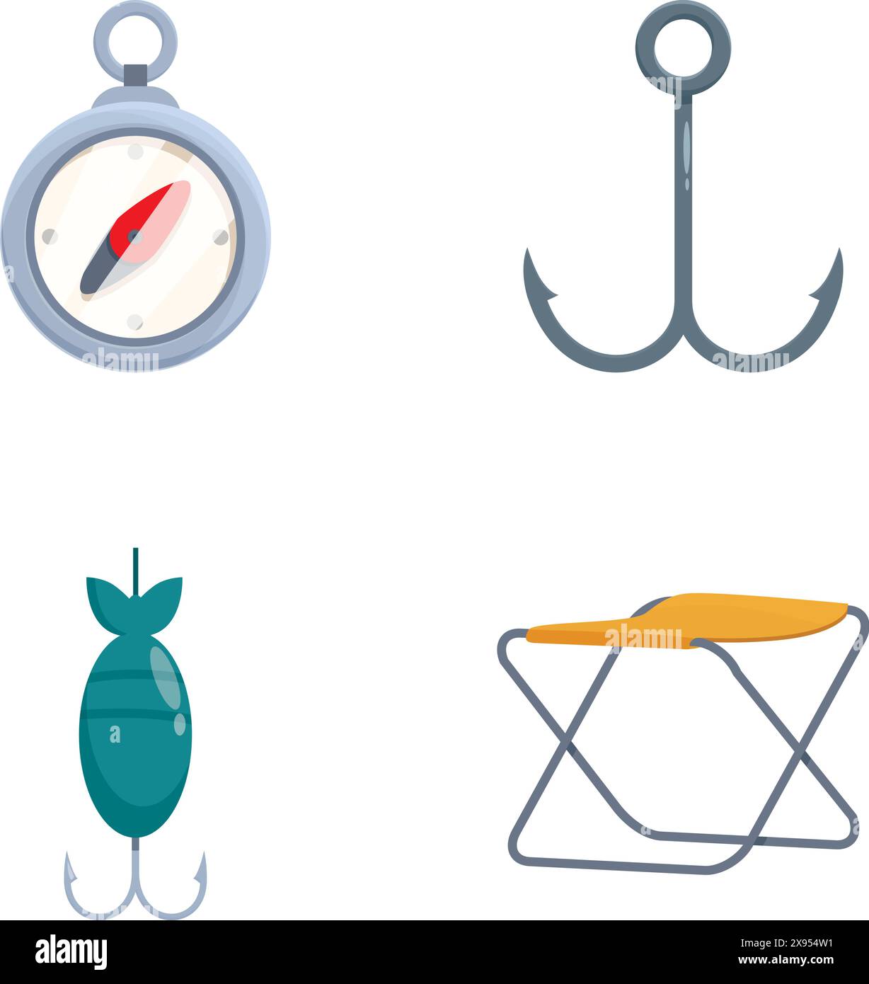 Collection of colorful fishing related icons including a compass, hook ...