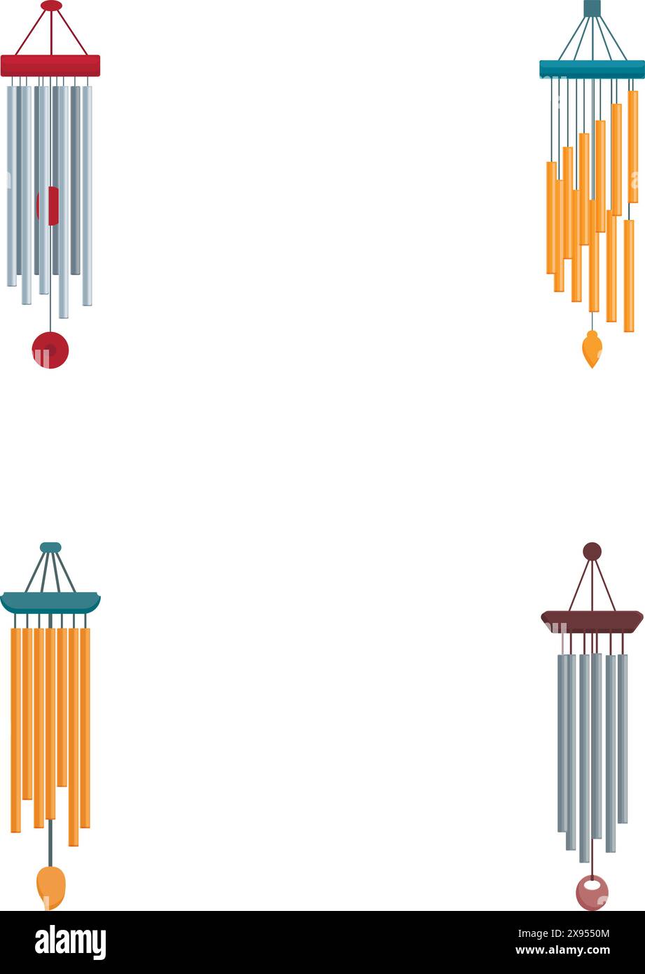 Illustration featuring four different designs of colorful wind chimes ...
