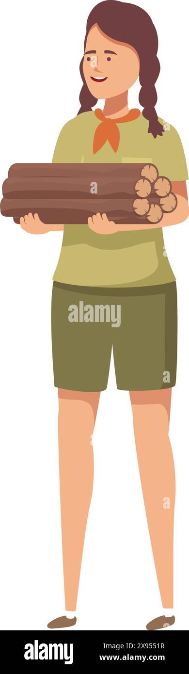 Cheerful young female scout cartoon character carrying a bundle of ...