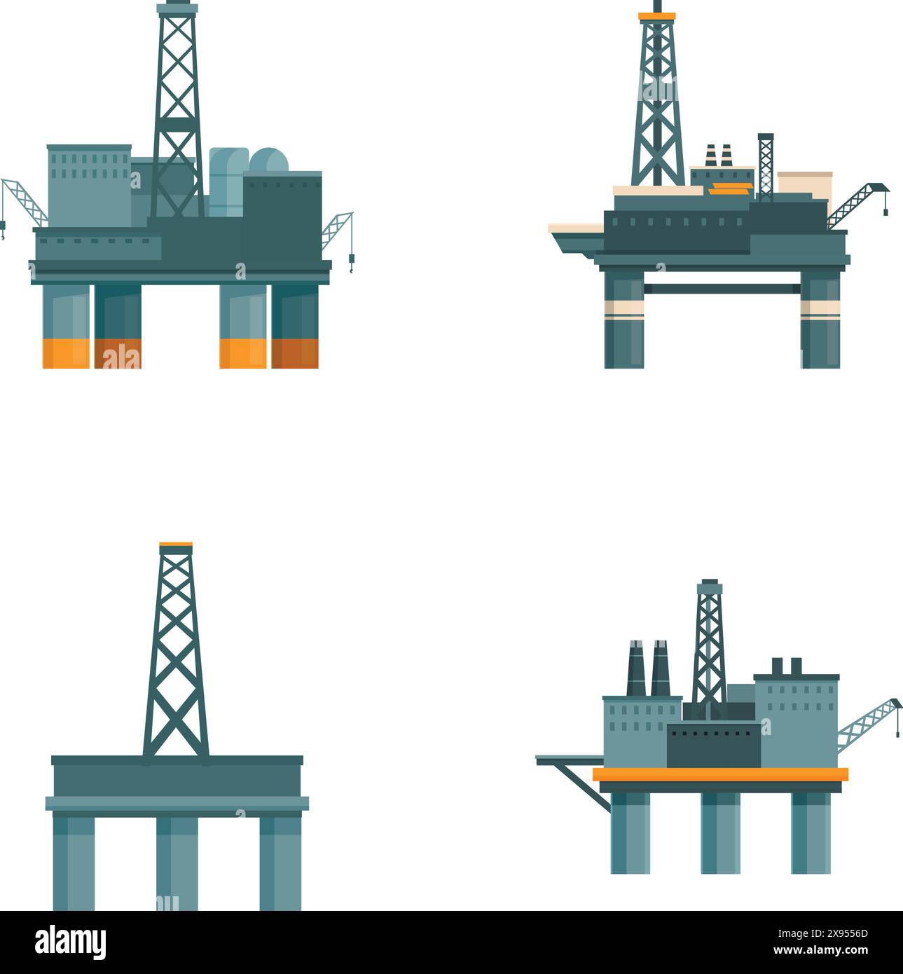 Collection of four stylized offshore drilling platform graphics Stock ...