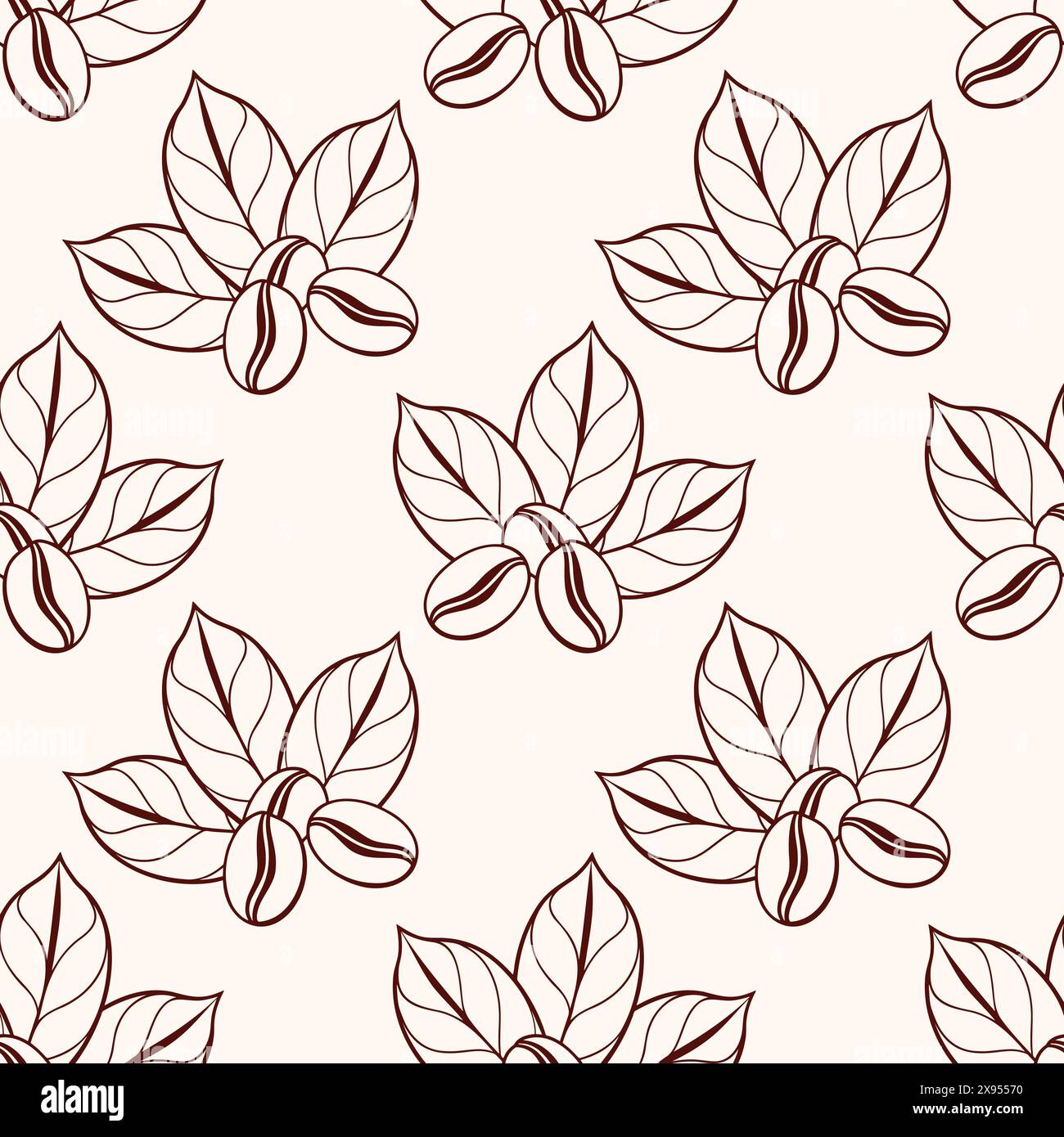 Pattern coffee beans on coffee leaves, doodle stylized contour drawing ...