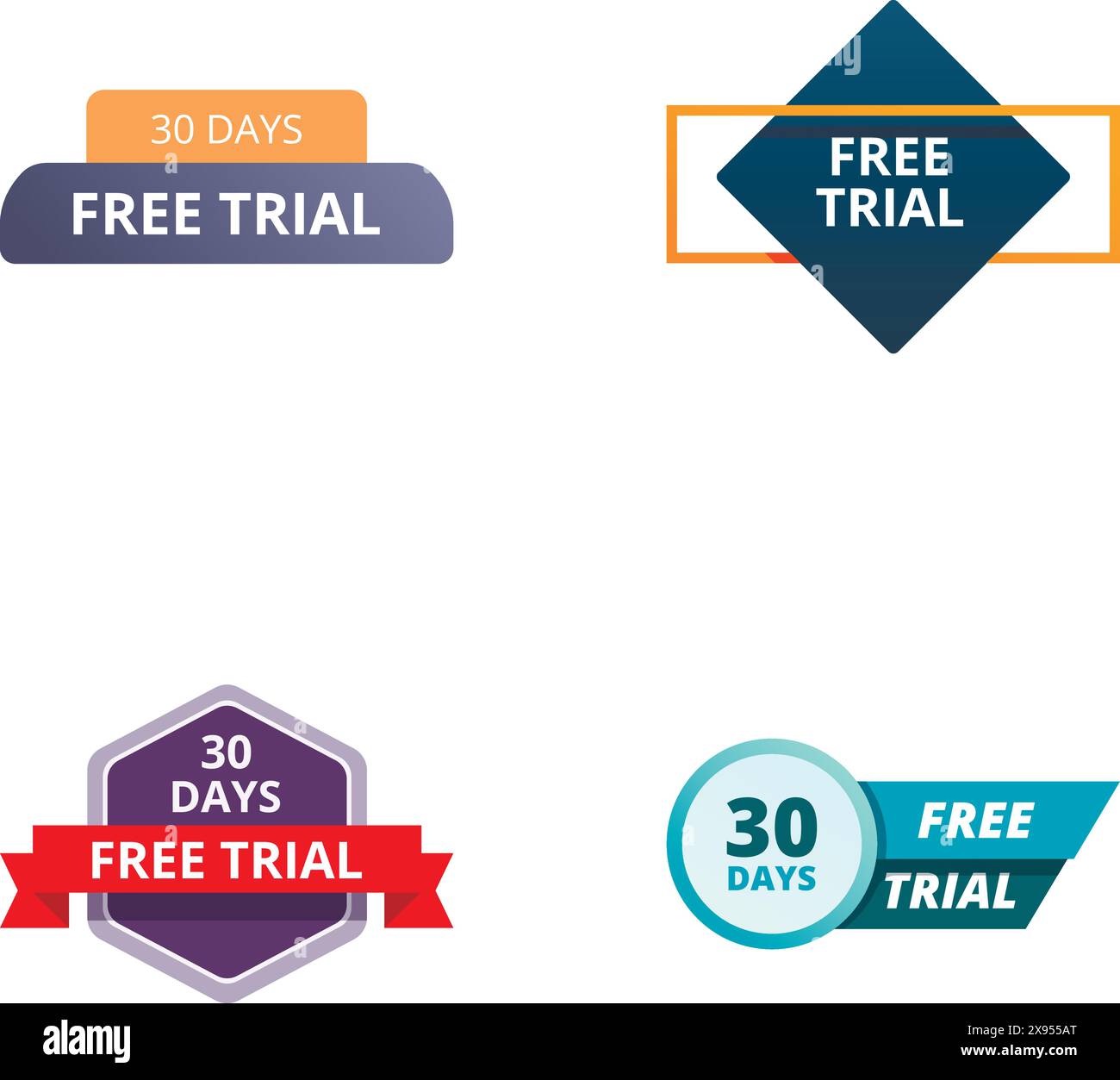 Collection of four stylish badges promoting 30day free trials Stock ...