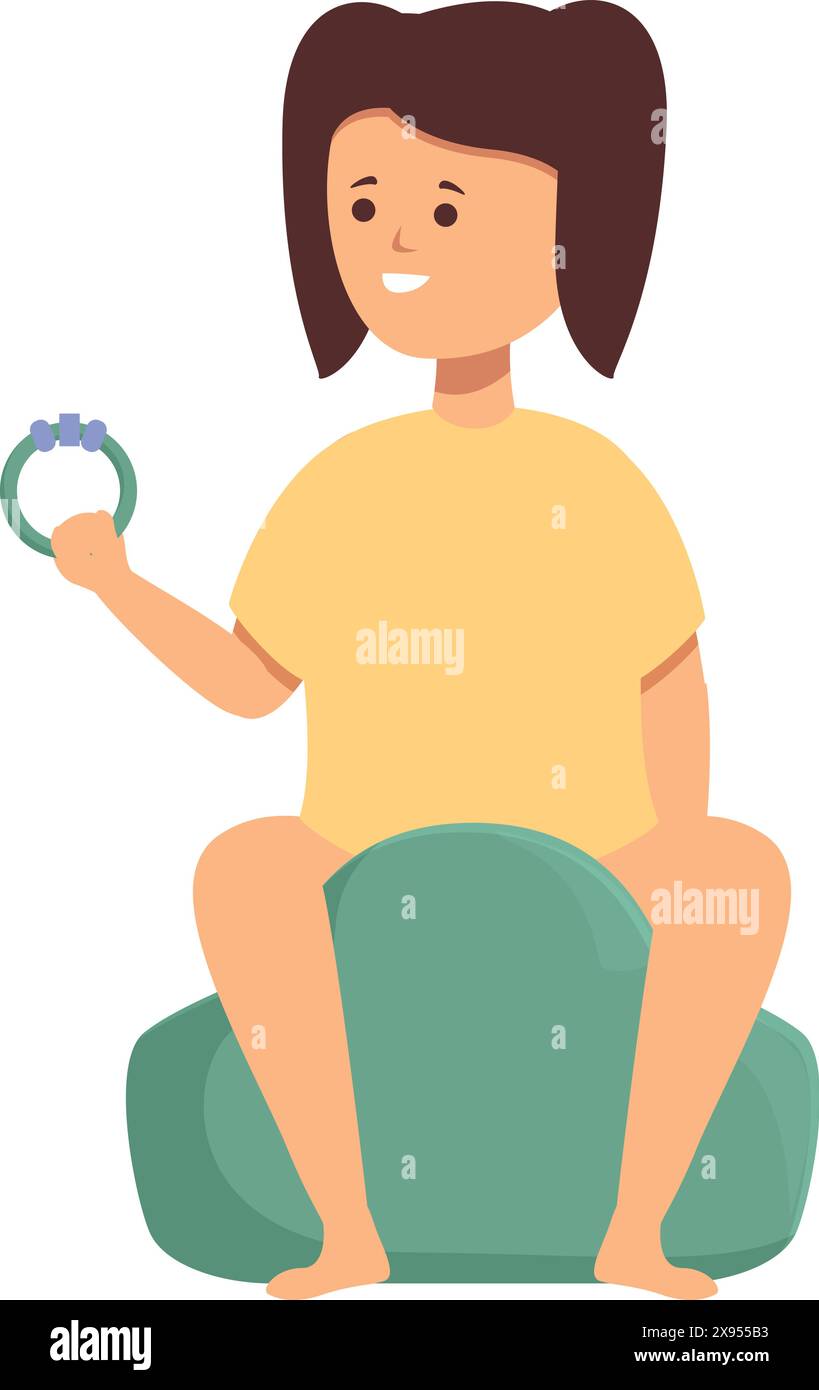 Cartoon illustration of a young child sitting on a green bean bag chair ...
