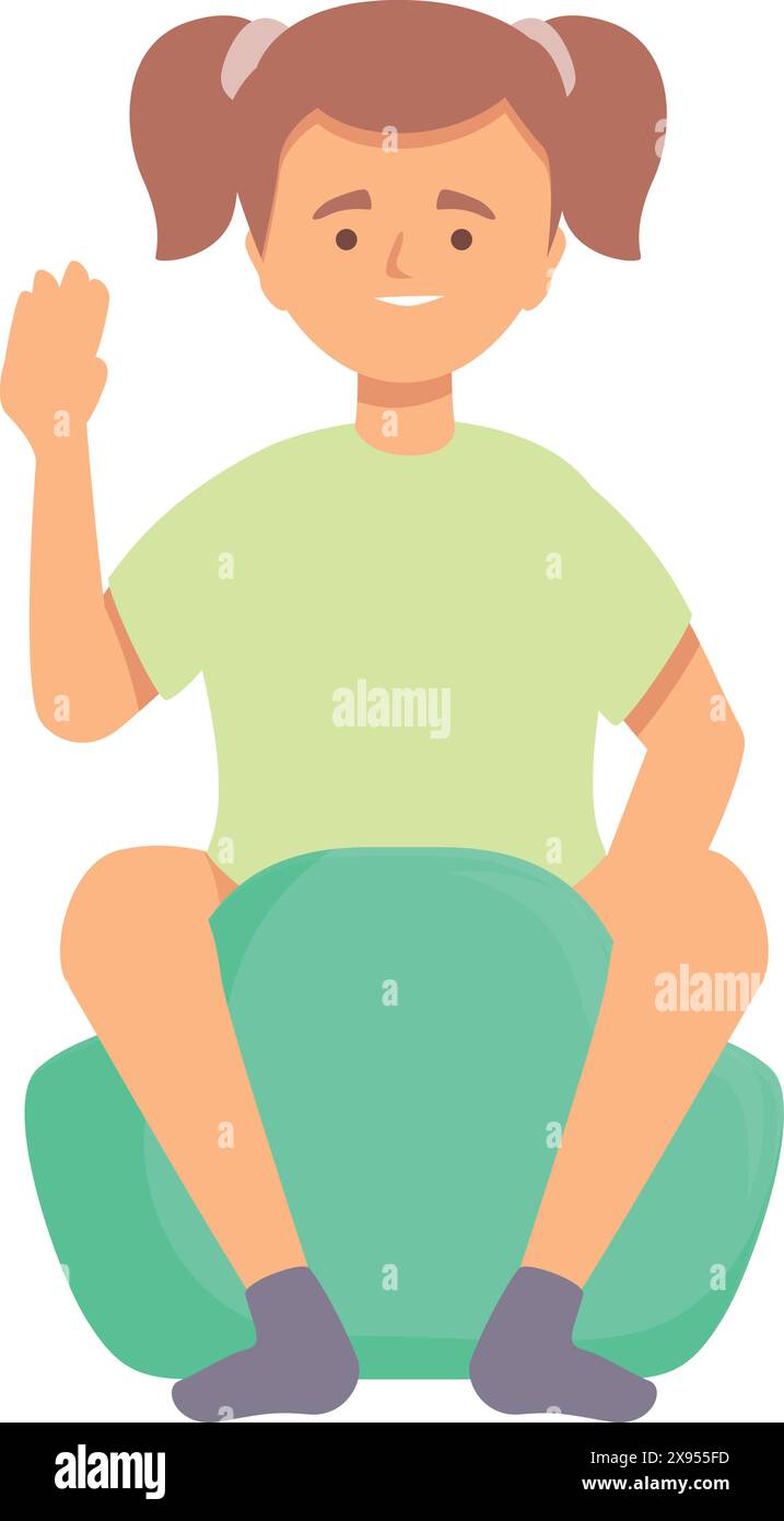 Illustration of a cheerful young girl sitting on a green yoga ball and ...