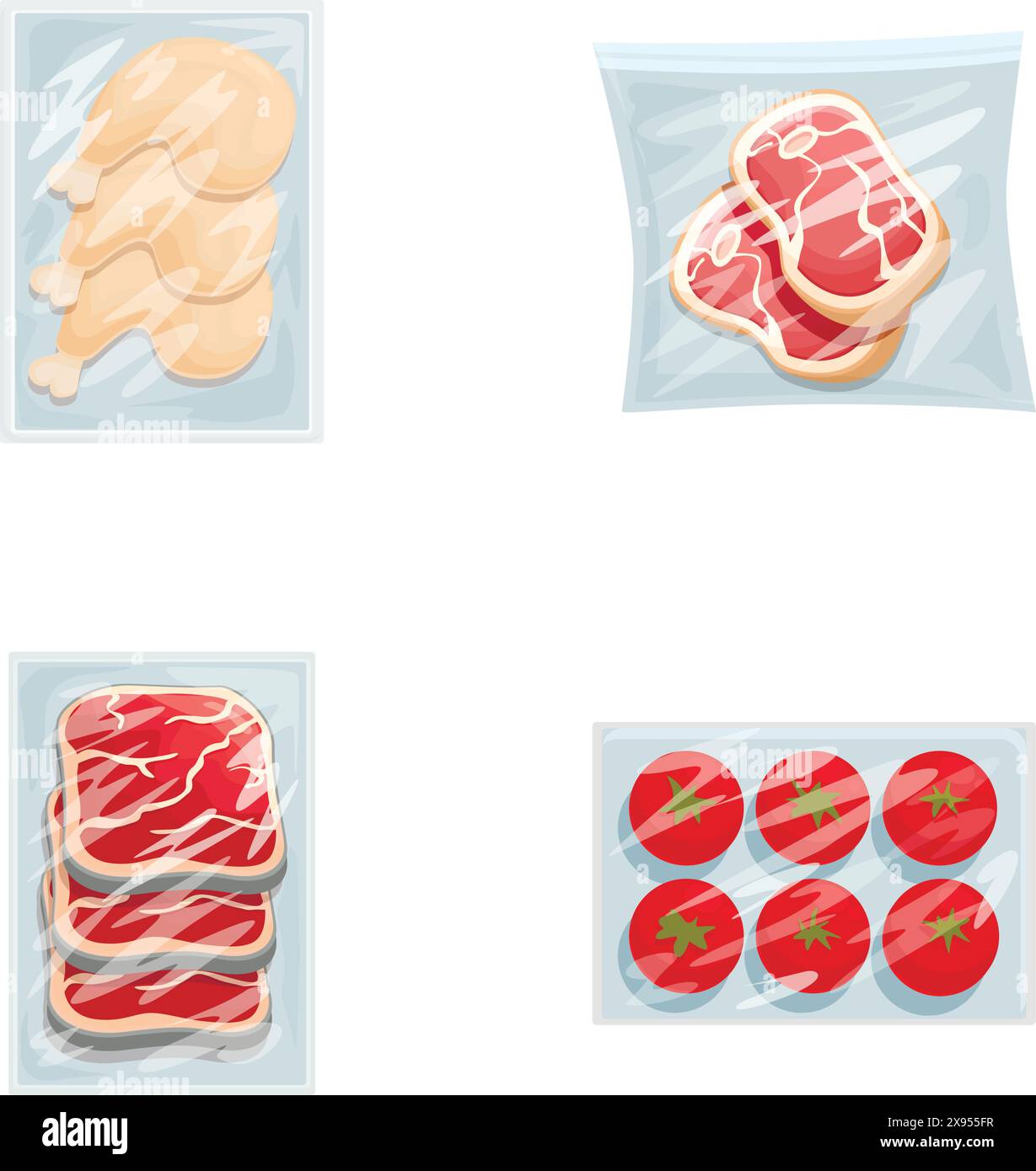 Illustration of packaged frozen chicken, steak, ribs, and tomatoes ...