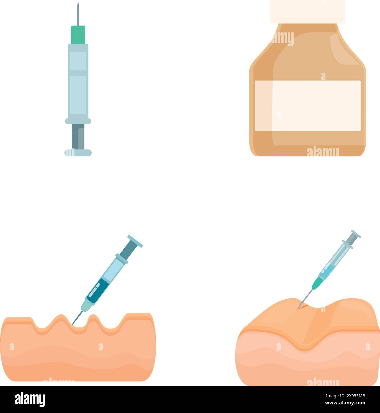 Set of flat design icons featuring a syringe, medication bottle, and injections into muscle ...