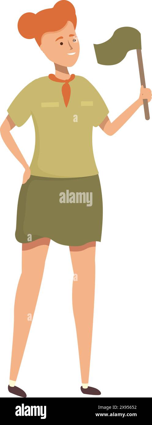 Illustration of a smiling female scout leader holding a flag, standing ...