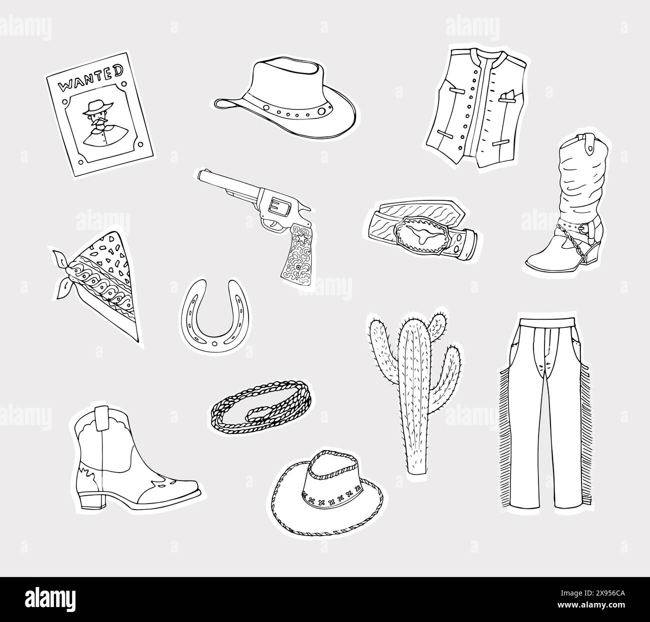 Set of cowboy objects. Collection of wild-west items boots, cactus ...