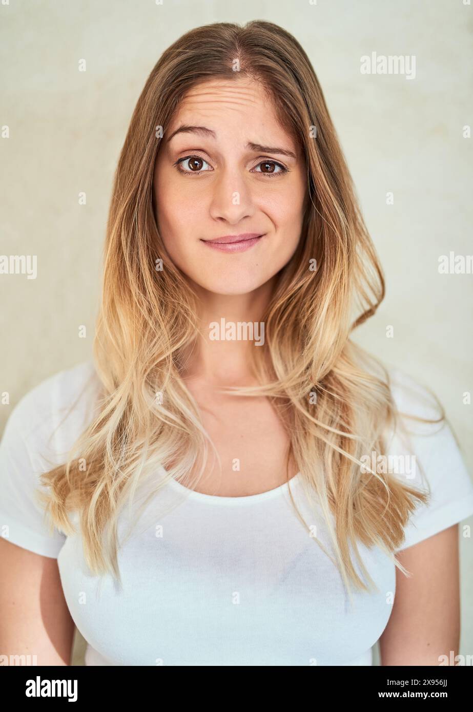 Woman, reaction and portrait in studio for doubt, drama and confused on ...