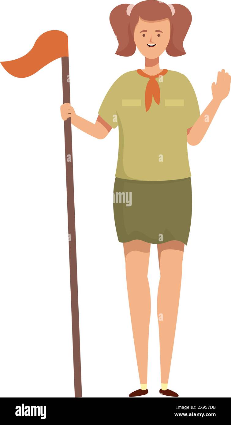 Illustration of a smiling young girl scout waving, holding a flag, in ...