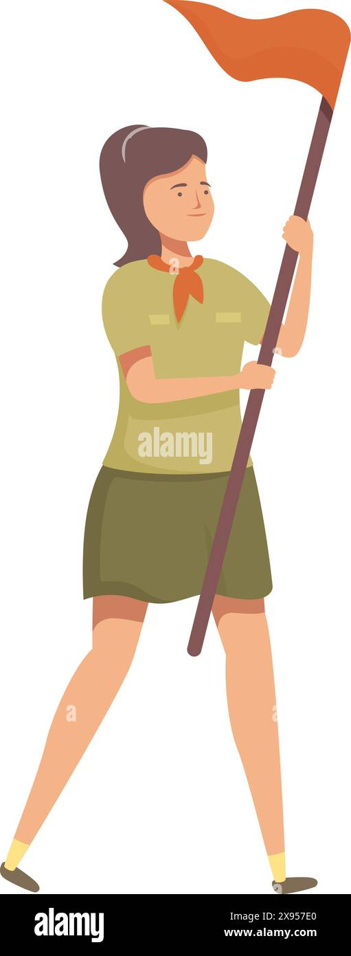 Illustration of a confident young girl scout in uniform holding a flag ...