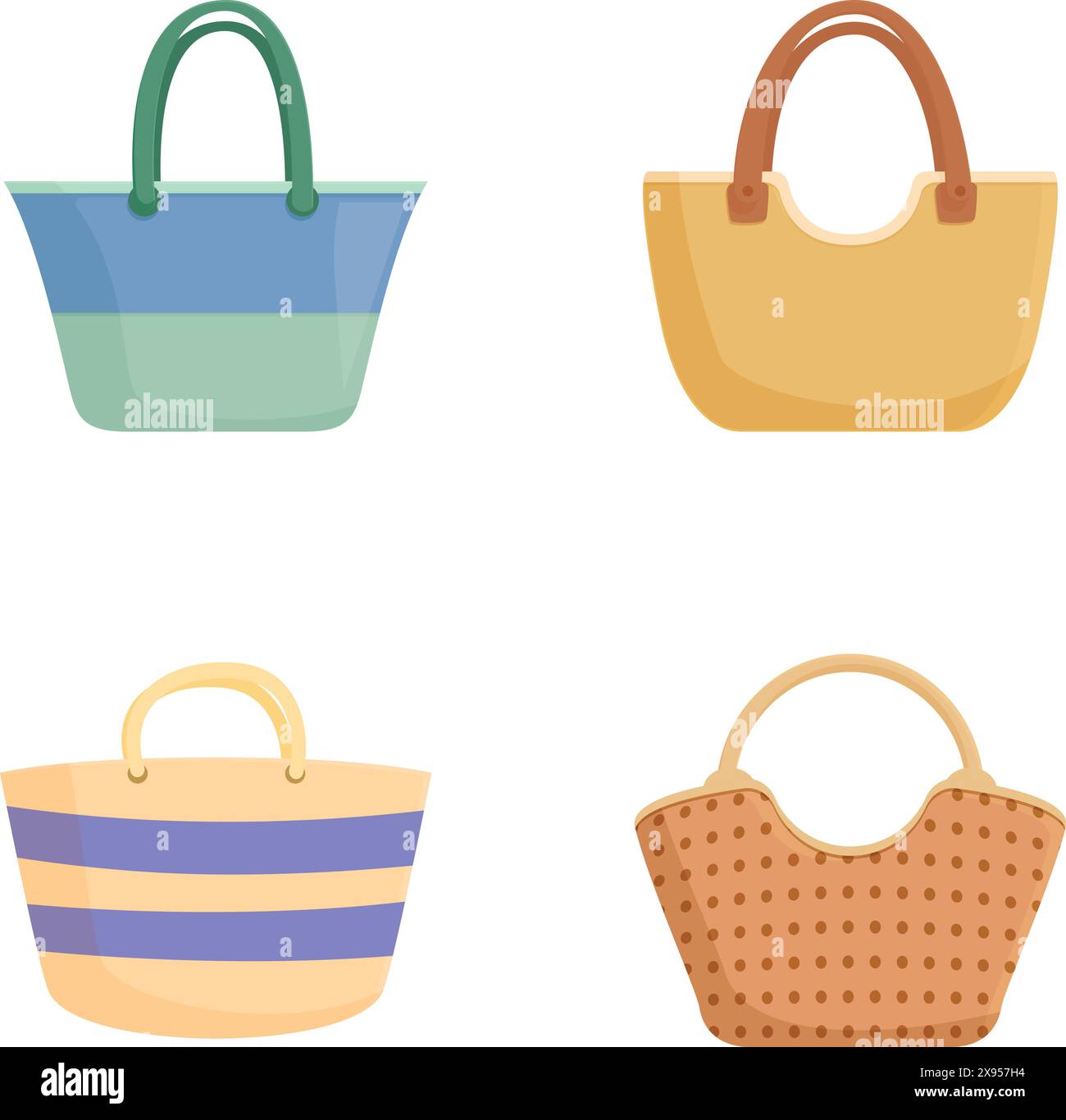 Four stylish vector tote bags featuring different designs and colors ...