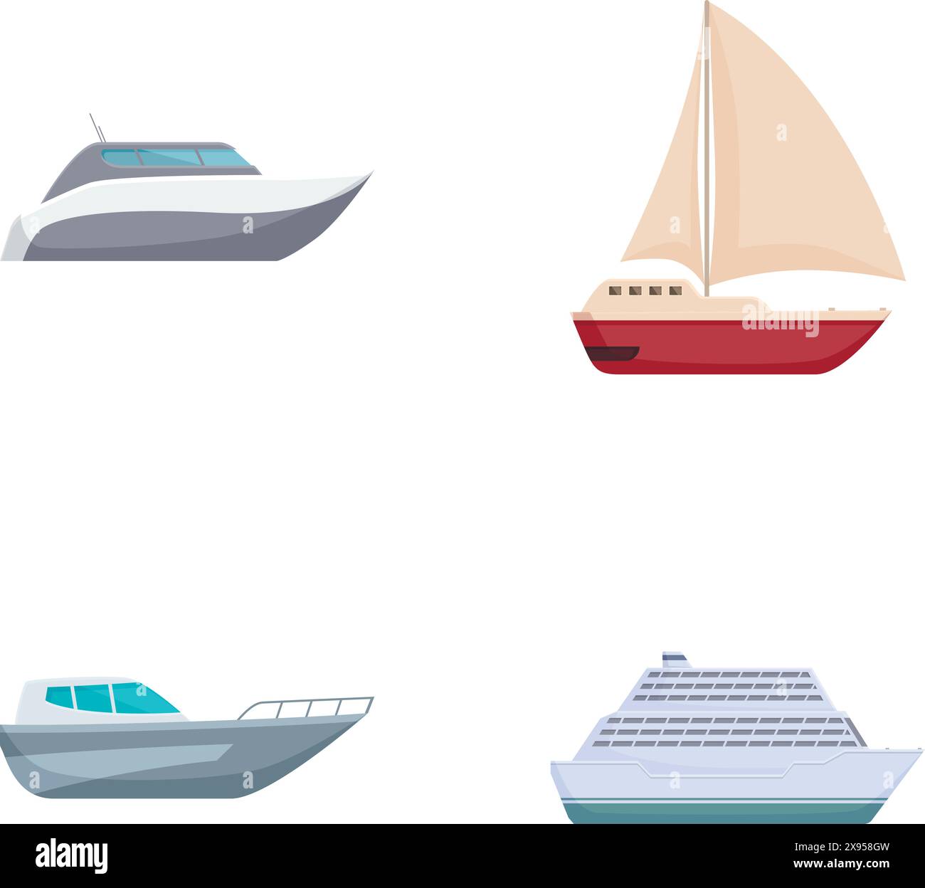 Set of four watercraft, including a modern yacht, sailboat, speedboat, and cruise ship ...