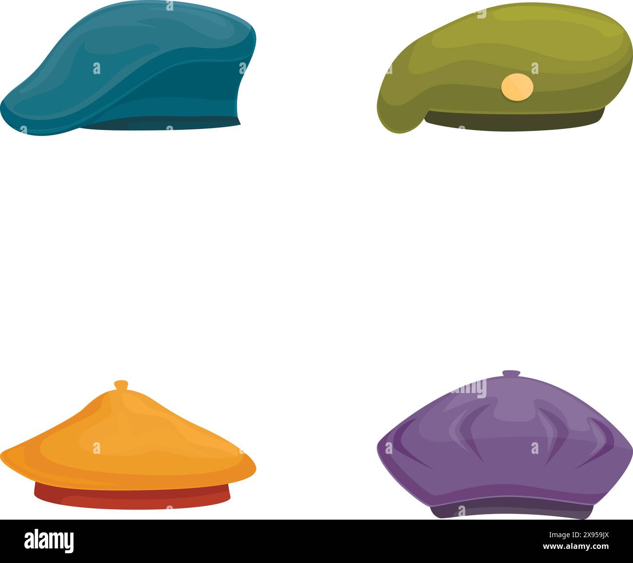 Collection of four colorful, flat cap illustrations in cartoon style ...