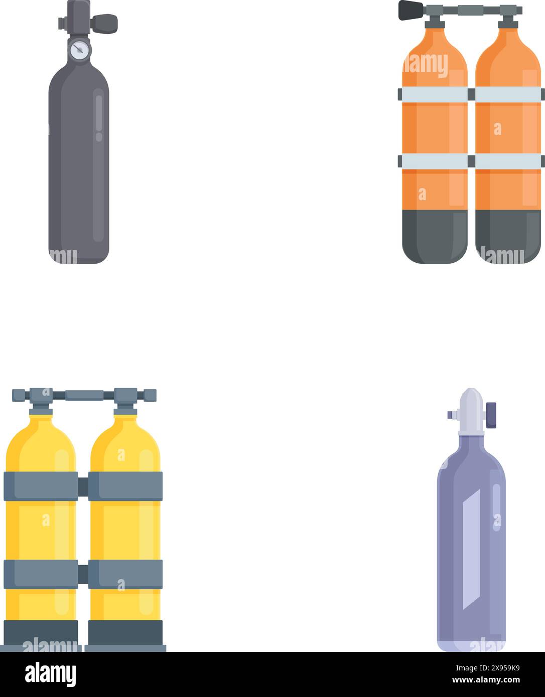 Flat design icons depicting various scuba diving tanks for different ...