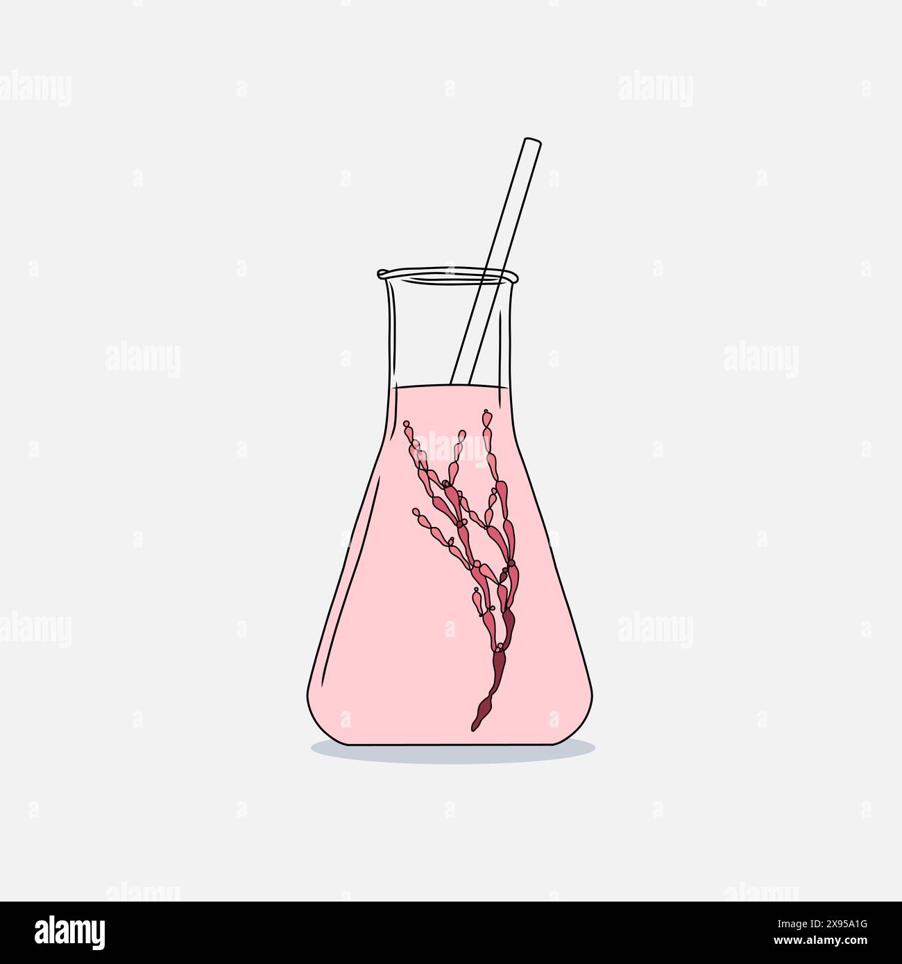 Hand drawn Erlenmeyer flask filled red bubble algae and transparent ...